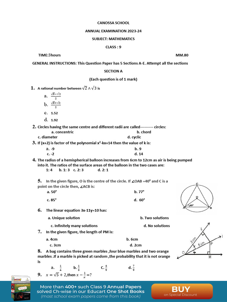 Canossa School Paper 92 Maths | PDF | Area | Cartesian Coordinate System