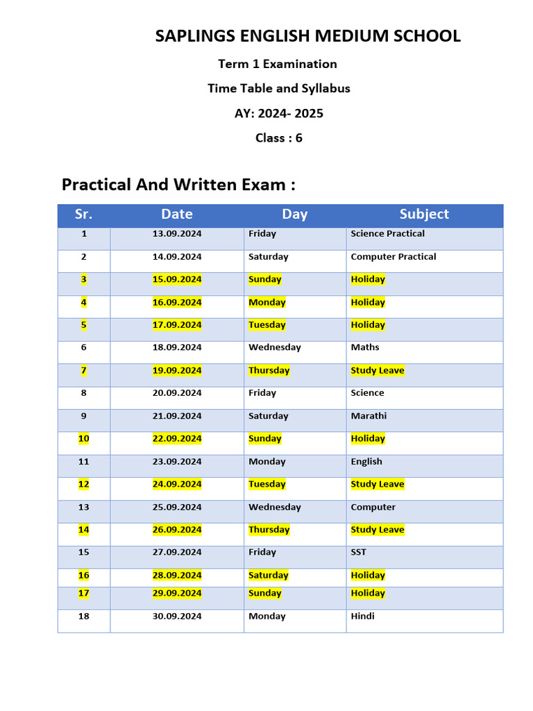 Term 1 Examination Time Table CLASS 6 | PDF