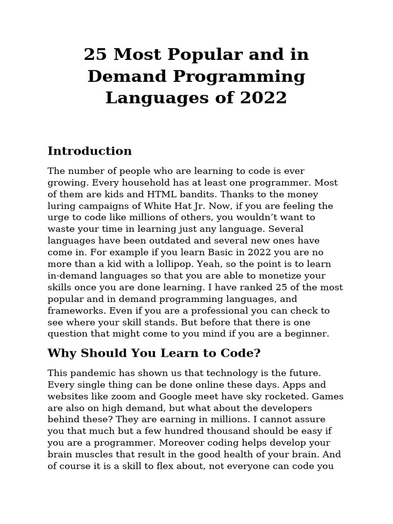 25 Most Popular and in Demand Programming Languages of 2022 - BP10 | PDF