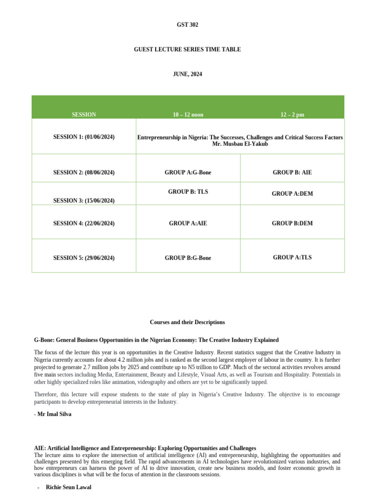 GST 302-June 2024 (GLS Time Table and Course Description) | PDF