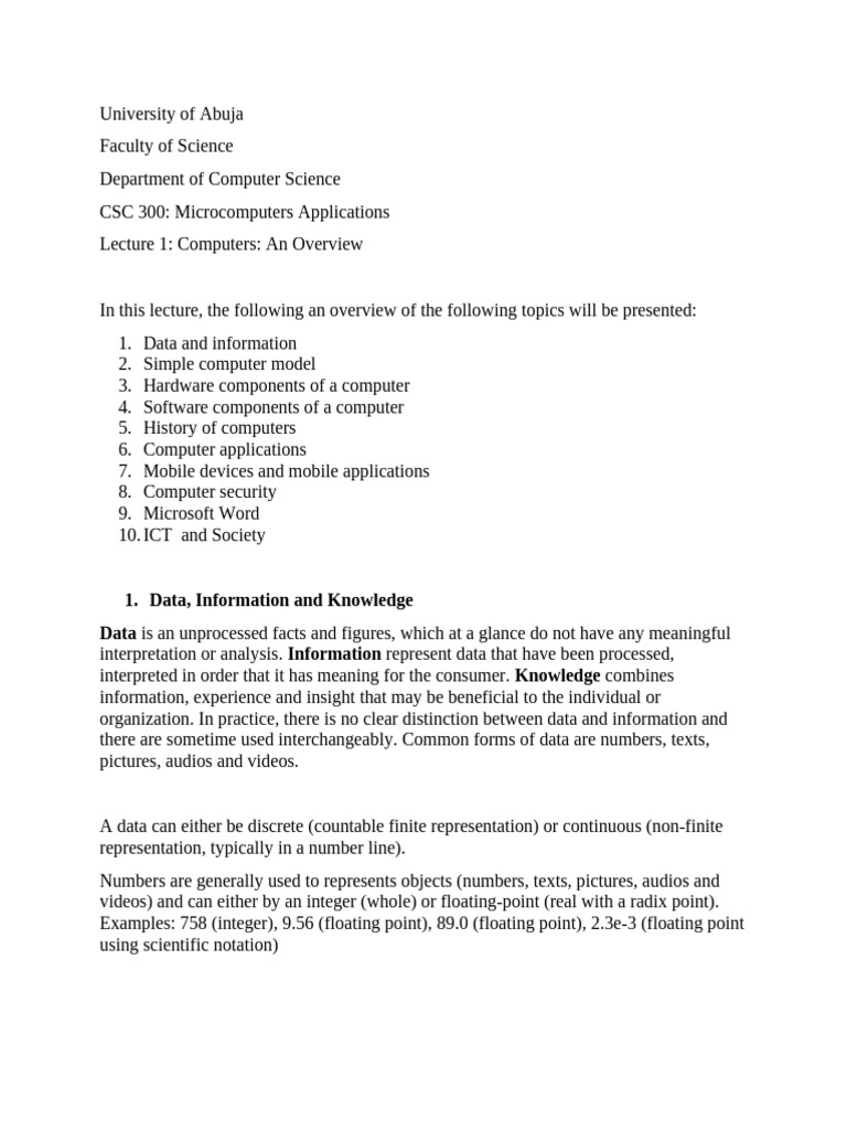 CSC 300 Microcomputers Applications Lecture One | PDF