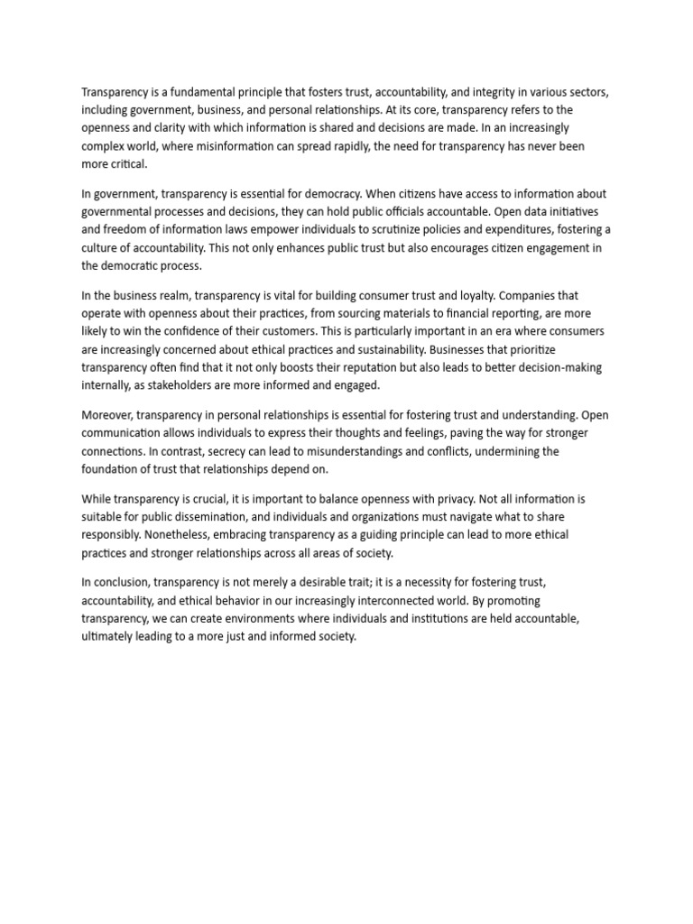 Transparency Is A Fundamental Principle That Fosters Trust | PDF ...