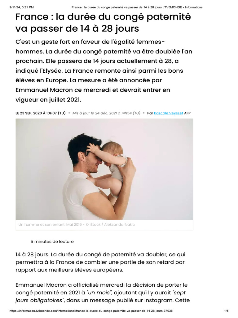France - La Durée Du Congé Paternité Va Passer de 14 À 28 Jours - TV5MONDE - Informations | PDF