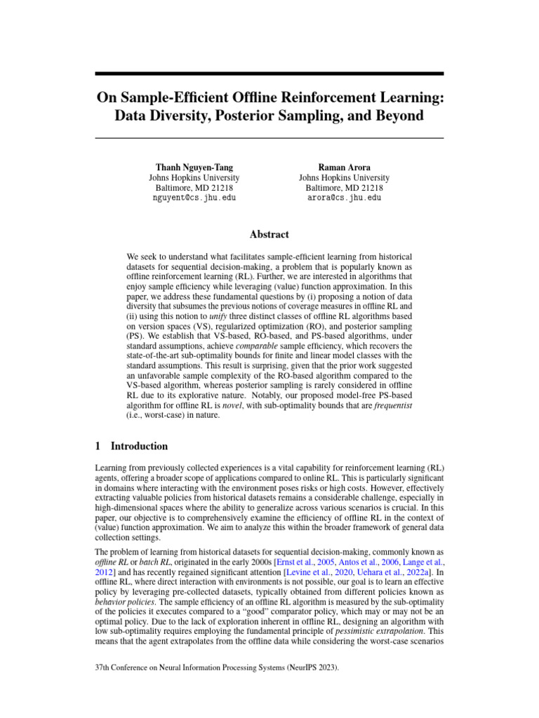 NeurIPS 2023 On Sample Efficient Offline Reinforcement Learning Data Diversity Posterior ...