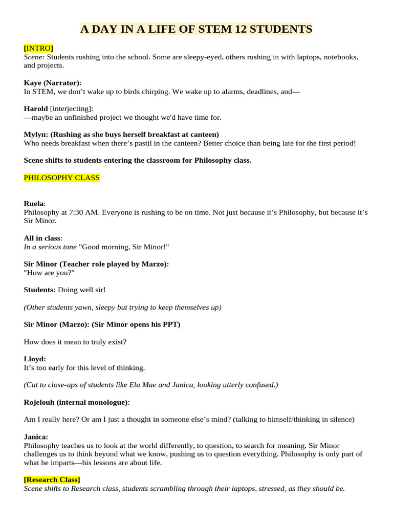 A Day in A Life of Stem 12 Students Script - Ann | PDF