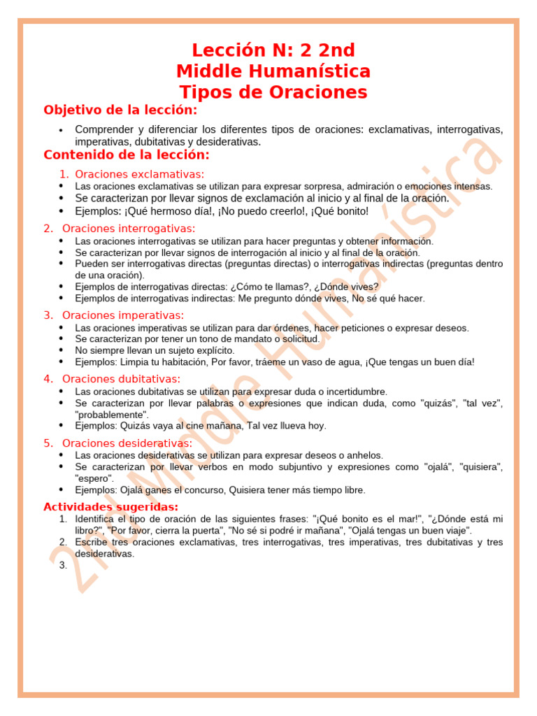 LECCIÓN 2 Tipos de Oraciones PRIMERO N | PDF