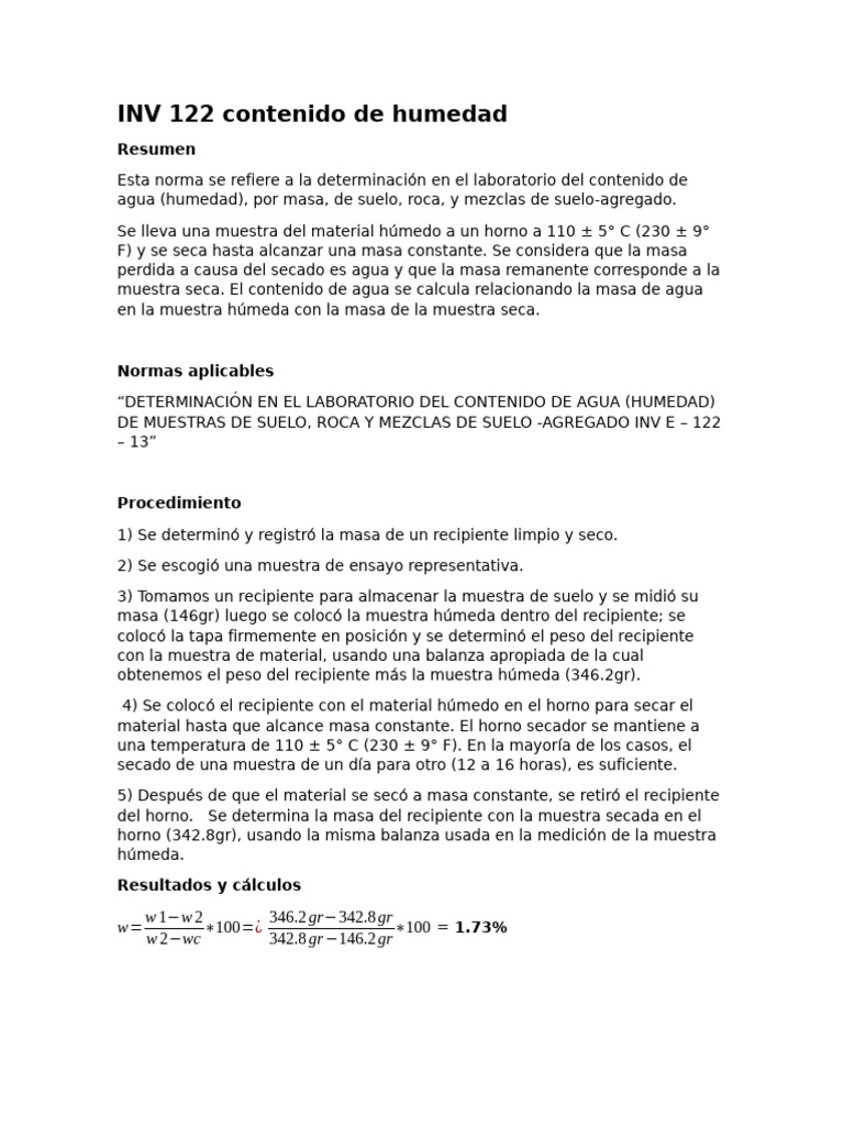 INV 122 Contenido de Humedad Informe | PDF