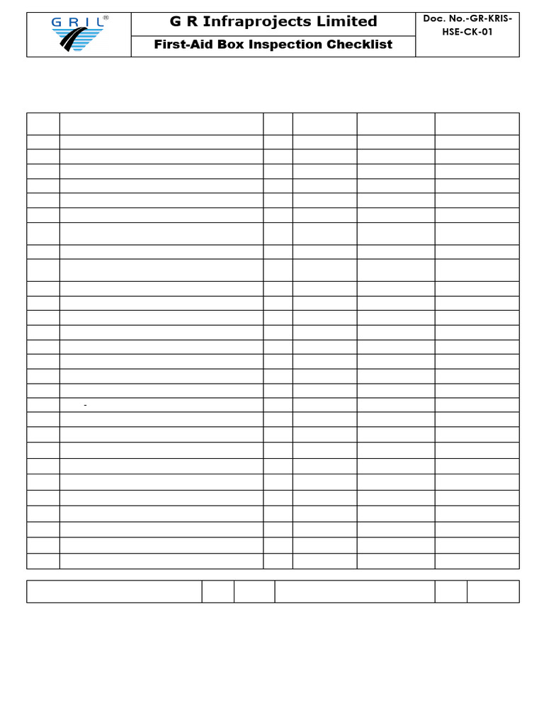 Doc. No.-GR-KRIS-HSE-CK-01-First Aid Box Inspection Checklist | PDF