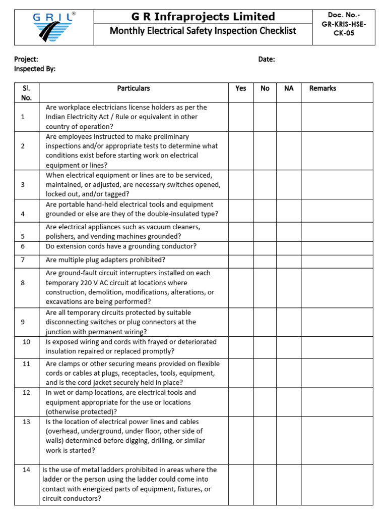 Doc. No.-GR-KRIS-HSE-CK-05-Monthly Electrical Safety Inspection ...
