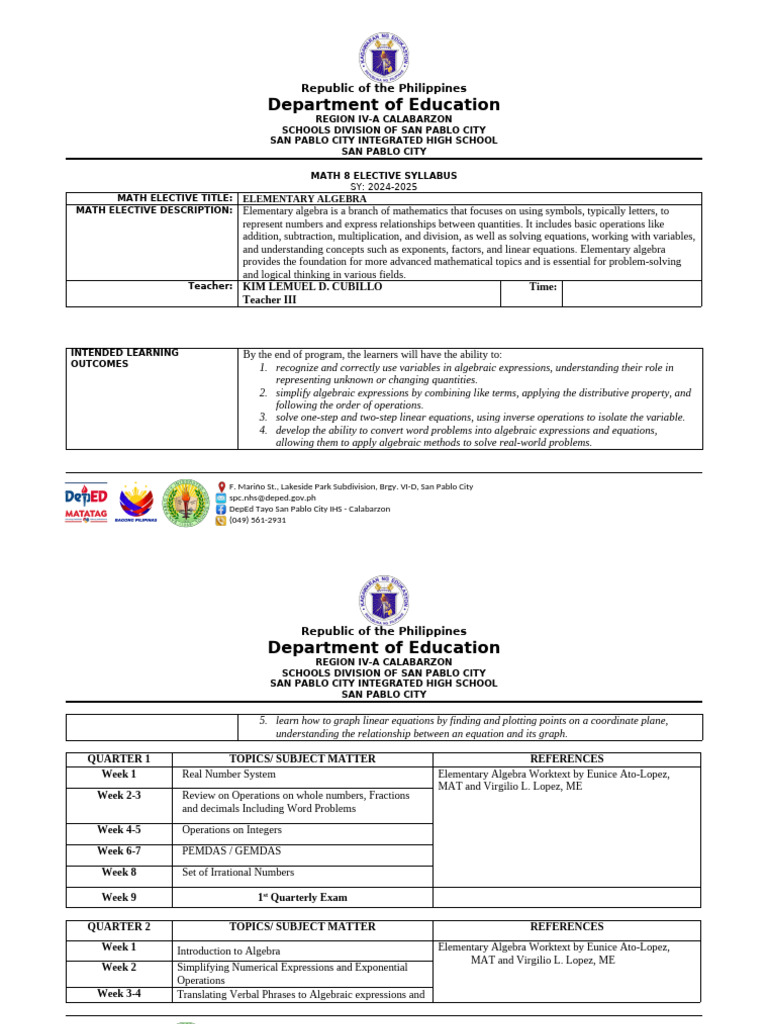 Math 7 ELECTIVE SYLLABUS | PDF | Algebra | Language Arts & Discipline