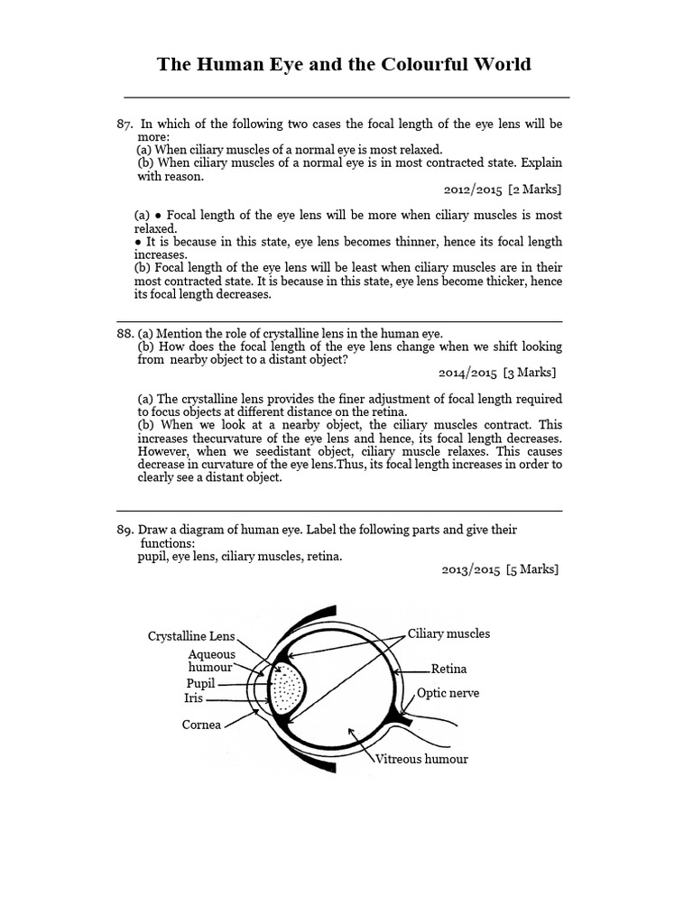 Repeated Questions Chapter Human Eye | PDF