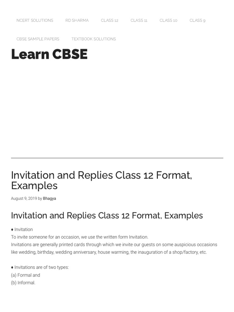 Invitation and Replies Class 12 Format, Examples - Learn CBSE | PDF