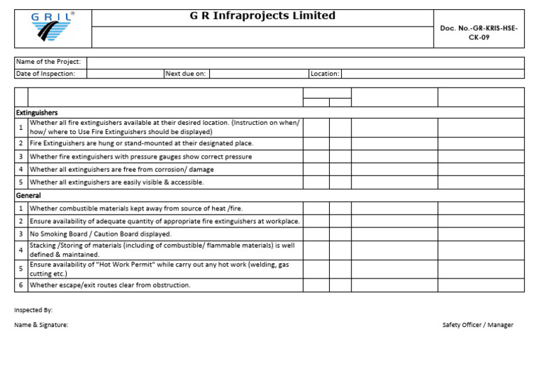 Doc. No.-GR-KRIS-HSE-CK-09-Monthly Fire Safety Inspection Checklist | PDF