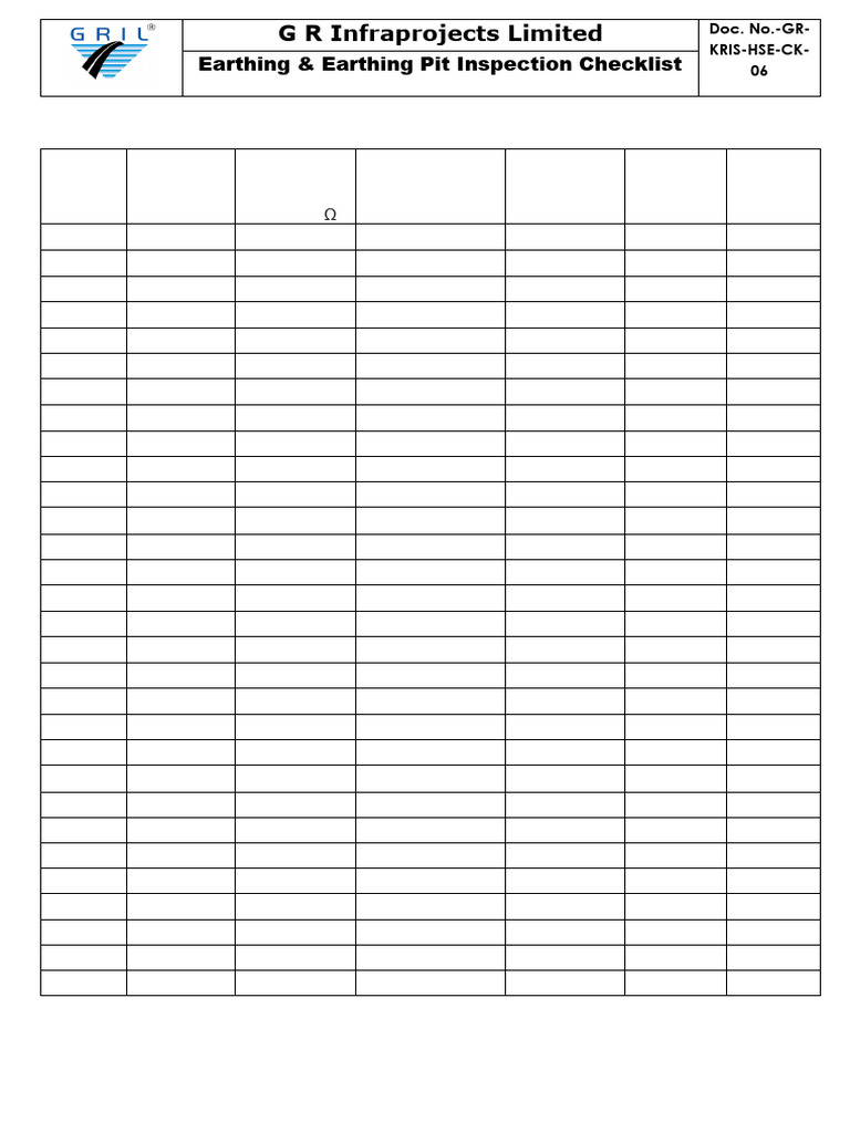 Doc. No.-GR-KRIS-HSE-CK-06-Monthly Earthing Pit Inspection Checklist | PDF