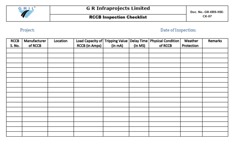 Doc. No.-GR-KRIS-HSE-CK-07-RCCB Inspection Checklist | PDF