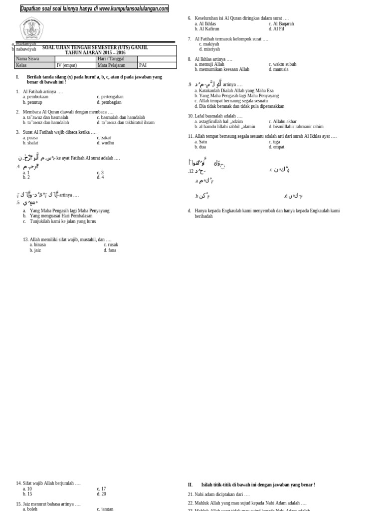 Soal Uts Pai Kelas 4 Semester 1 | PDF