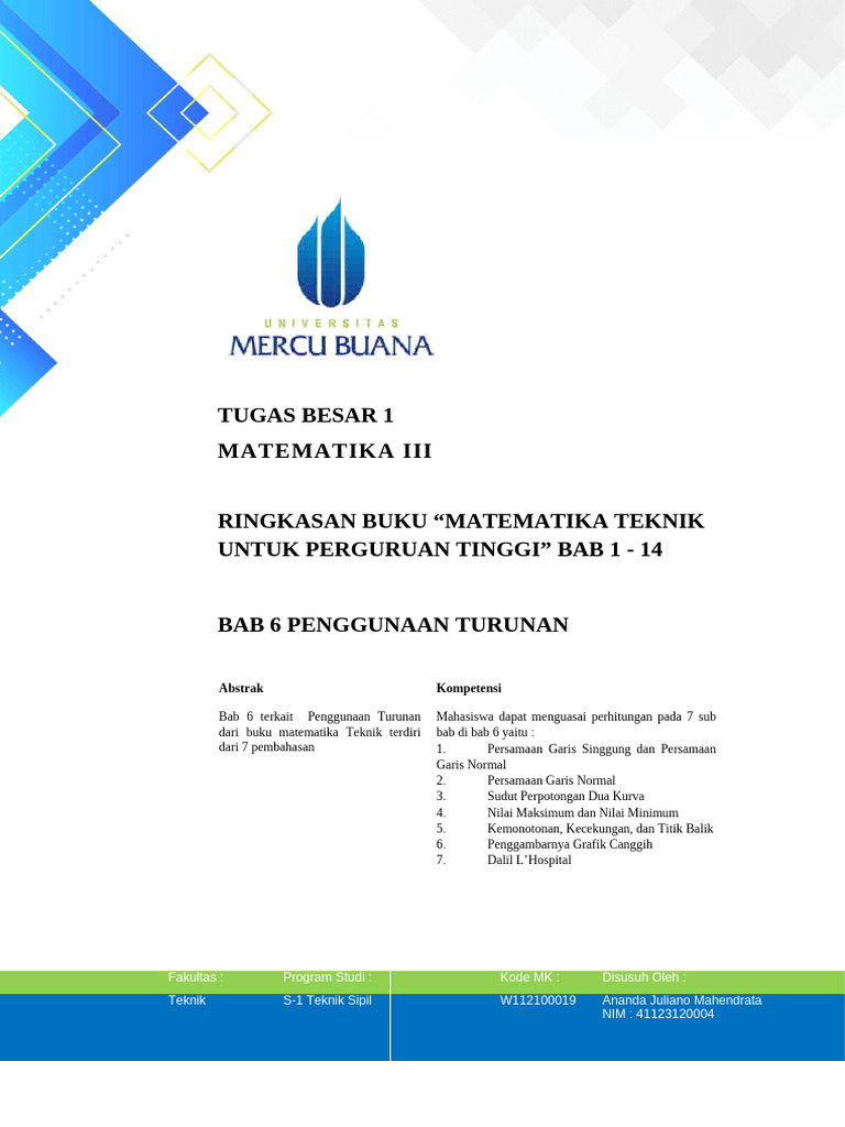 MTK-3 - TB Individu - 6. Bab 6 Penggunaan Turunan | PDF
