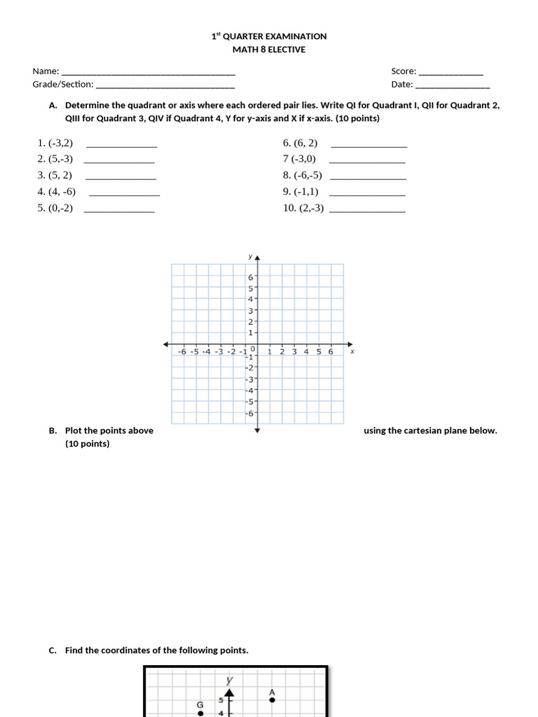 1st QUARTER EXAMINATION in Math 8 Elective | PDF | Cartesian Coordinate ...