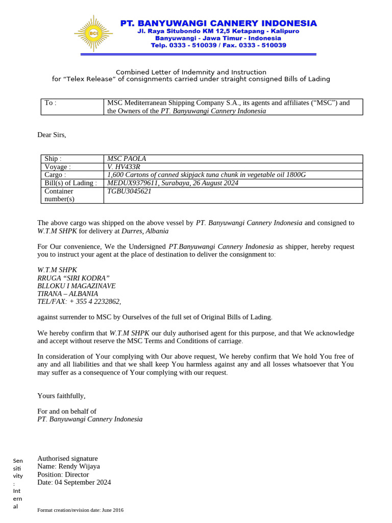 Telex Release for MSC Shipment | PDF