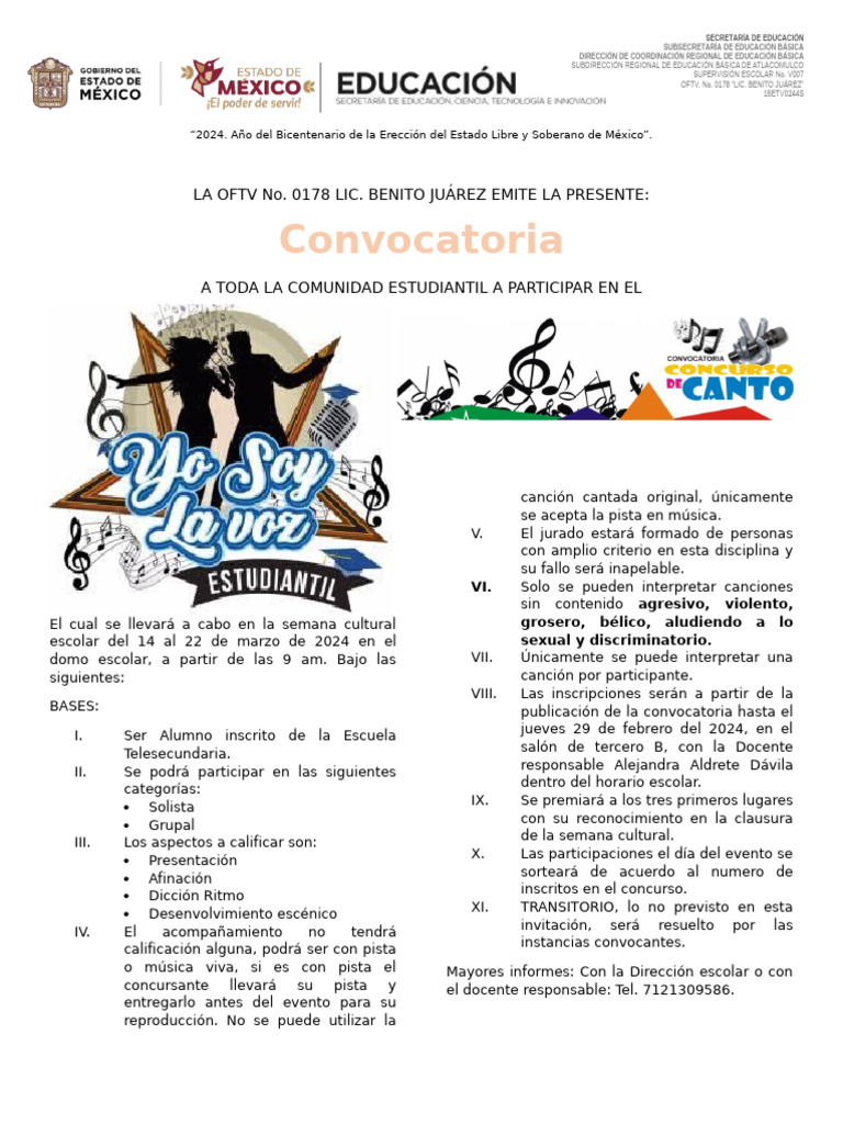 Convocatoria para Concurso de Canto Escolar | PDF