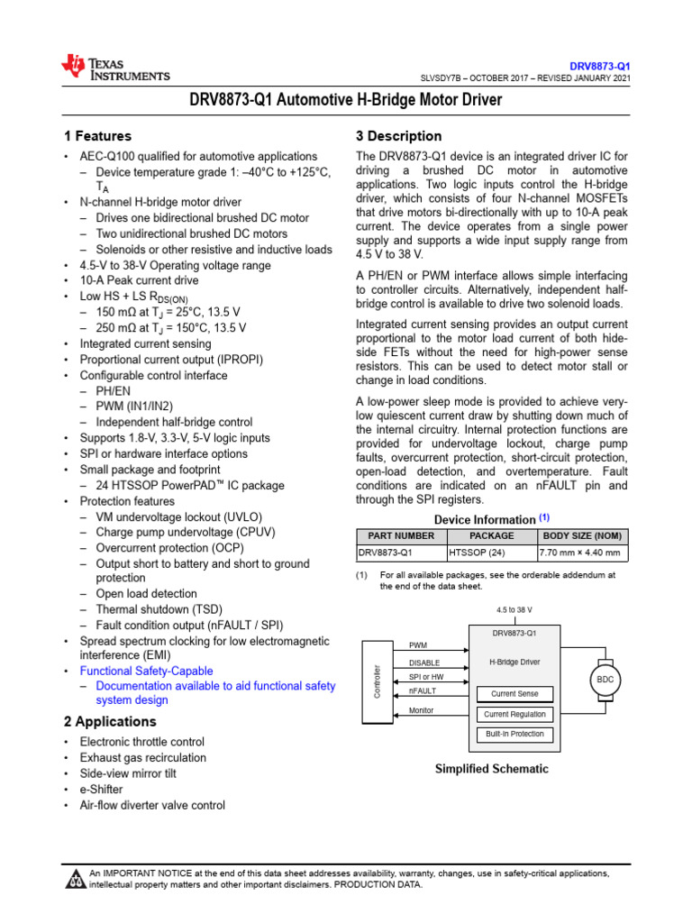 Drv8873-q1 Hbridge Driver | PDF