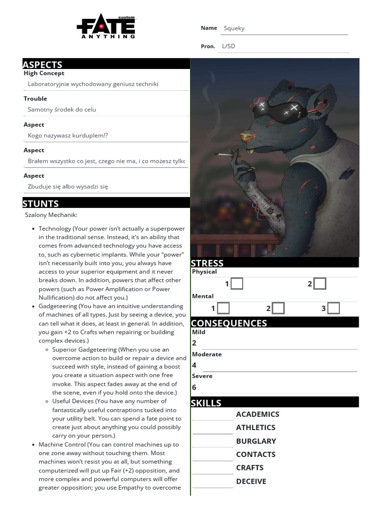 Squeky (Character Sheet) - Fate Character Sheet | PDF