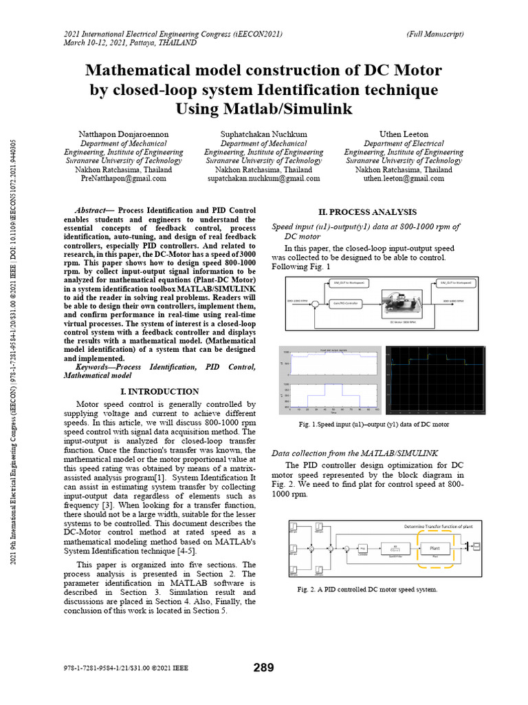 Mathematical Model Construction of DC Motor by Closed-Loop System Identification Technique Using ...