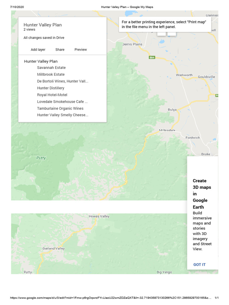 Hunter Valley Plan - Google My Maps | PDF