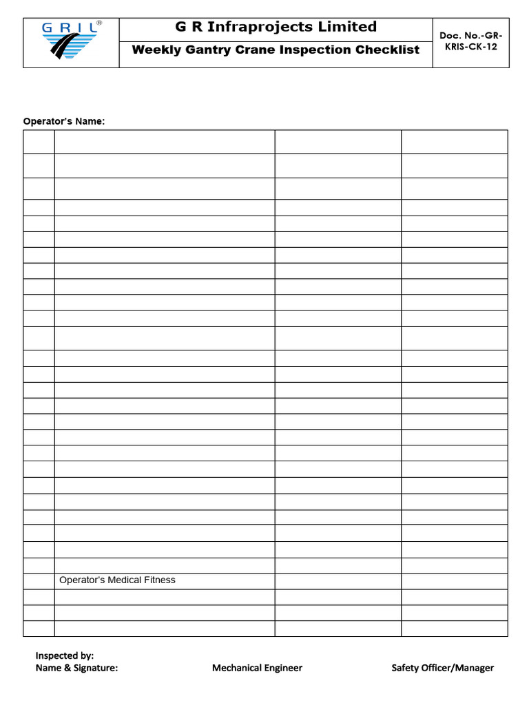 Doc. No.-GR-KRIS-HSE-CK-12-Gantry Crane Inspection Checklist | PDF