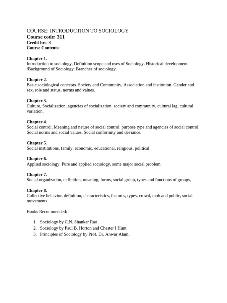 Introduction To Sociology (Contents) | PDF