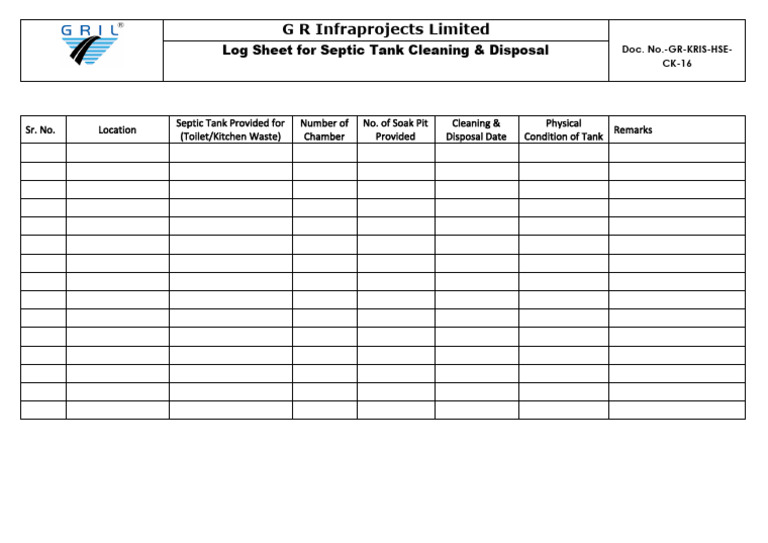 Doc. No.-GR-KRIS-HSE-CK-16-Log Sheet For Septic Tank Cleaning ...