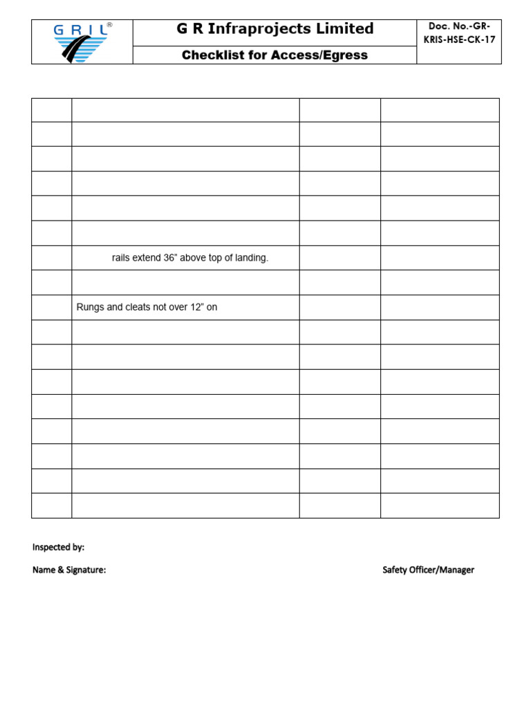 Doc. No.-GR-KRIS-HSE-CK-17-Checklist For Access & Egress | PDF ...