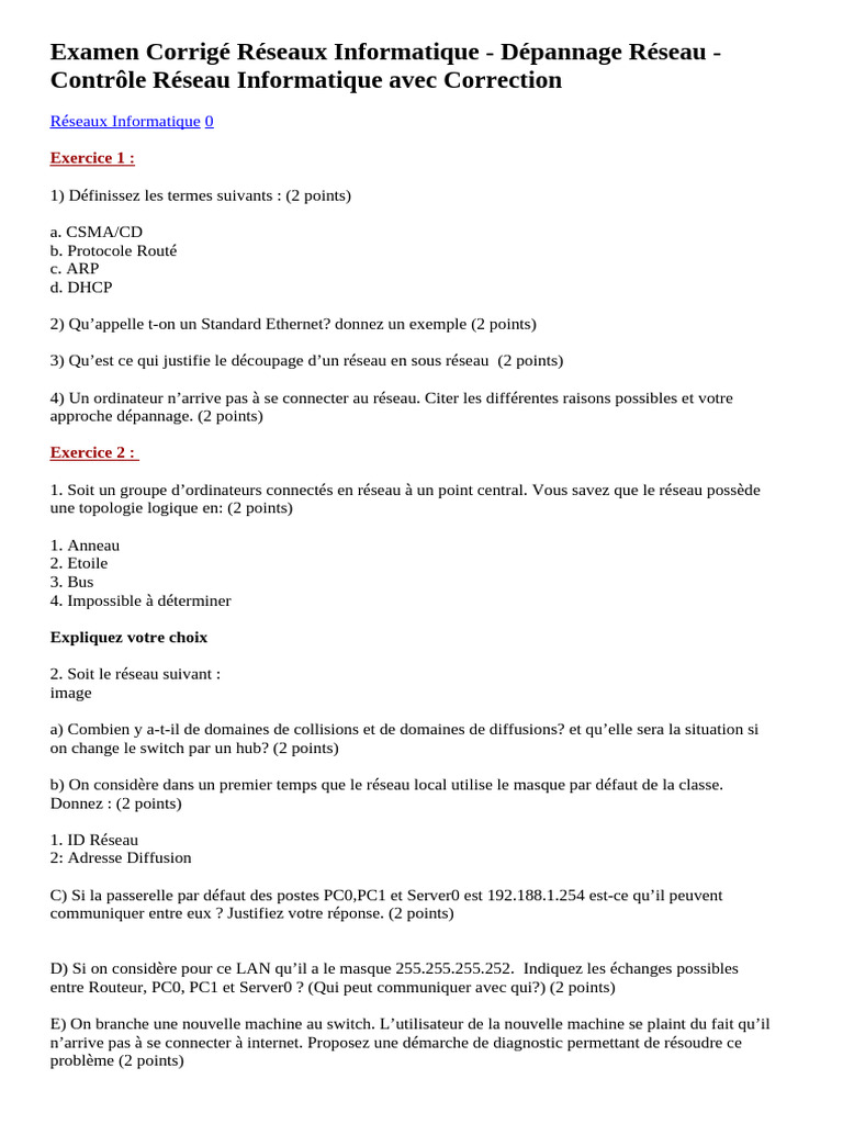 Examen Corrigé Réseaux Informatique - Dépannage Réseau - Contrôle ...