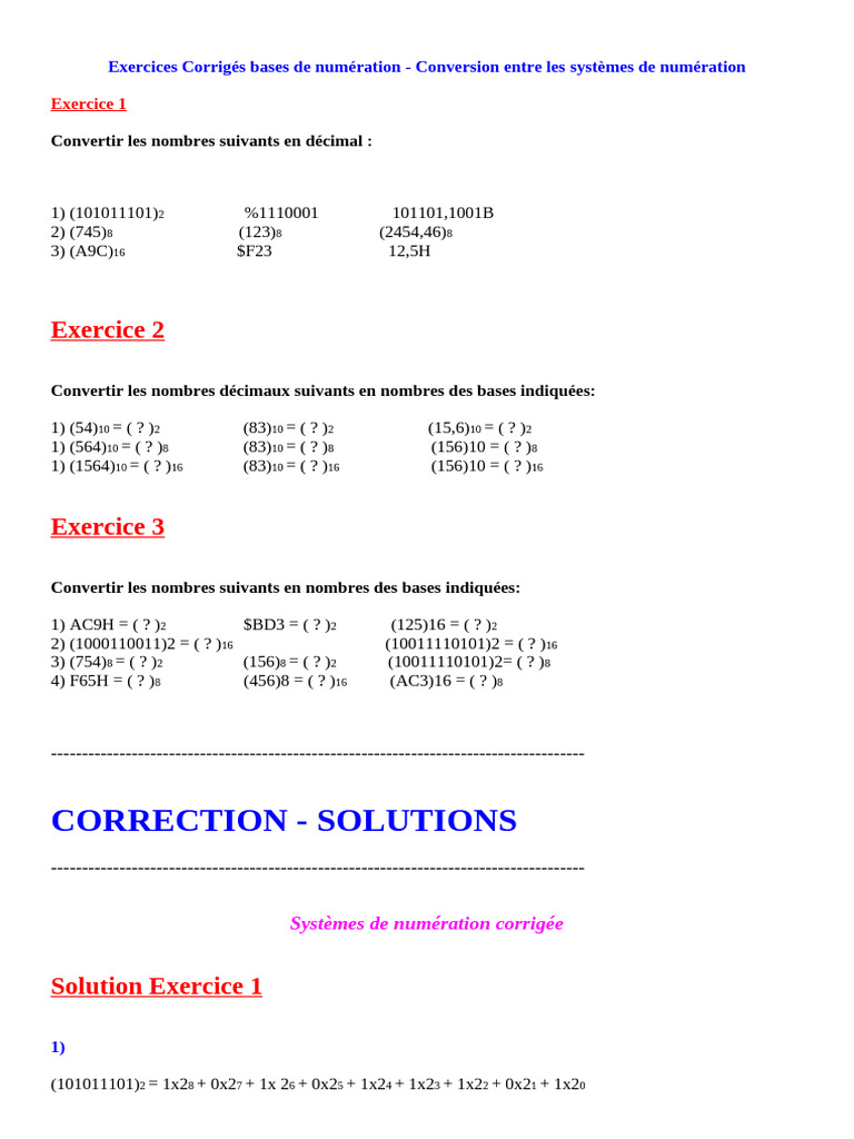 Exercices Corrigés bases de numération - Conversion entre les systèmes de numération | PDF