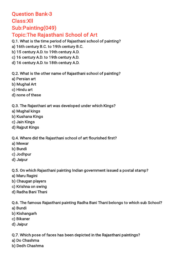 Question Bank-3 (XLL) Rajasthani School | PDF