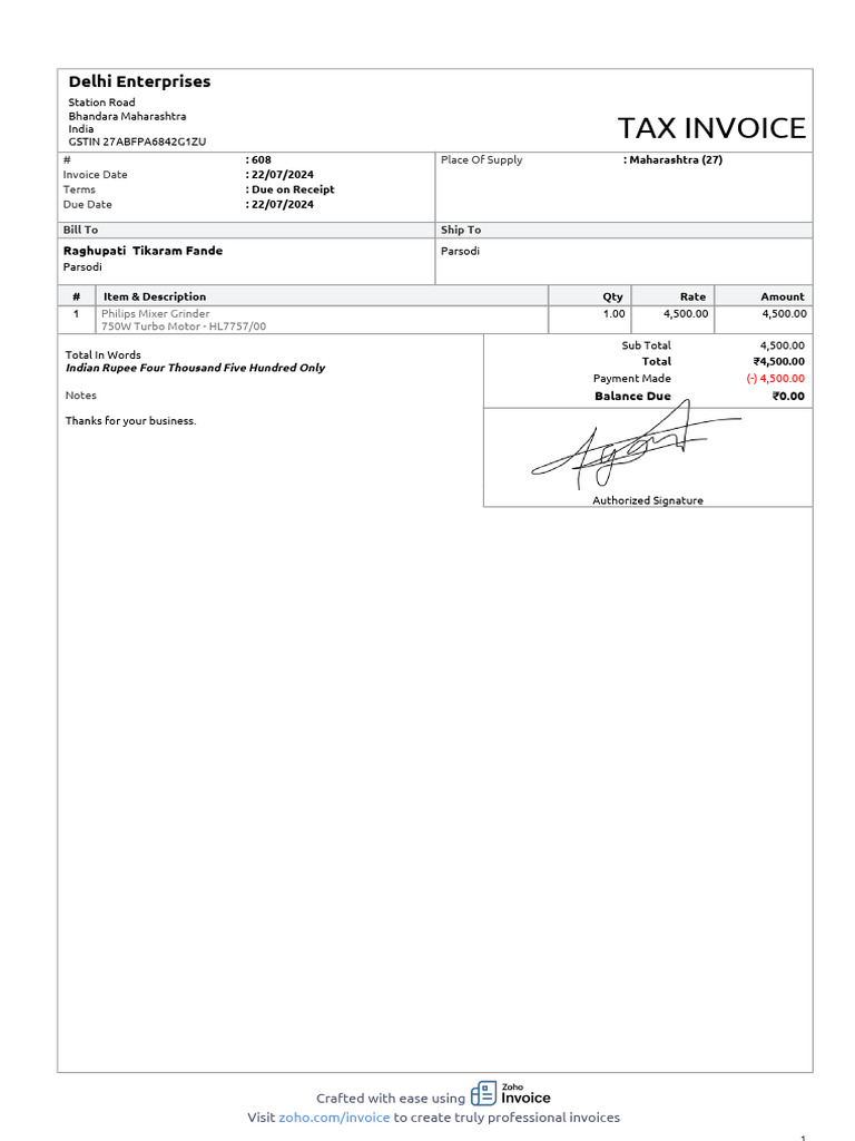 Tax Invoice: Delhi Enterprises | PDF