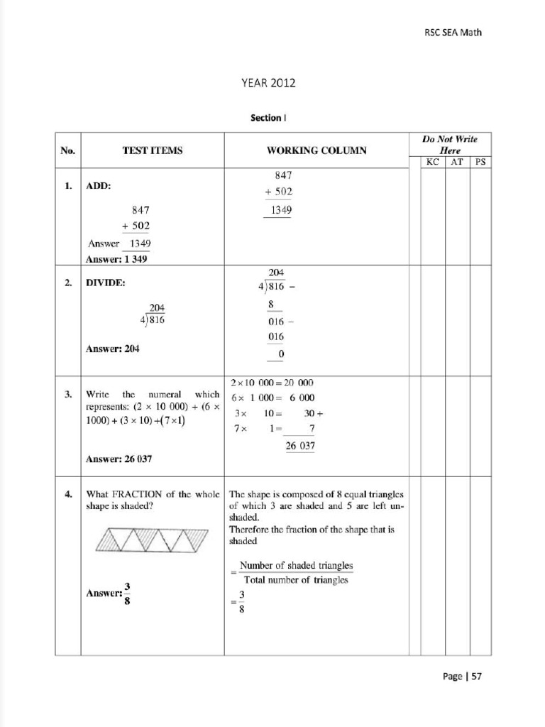 SEA 2012 Maths Answers | PDF