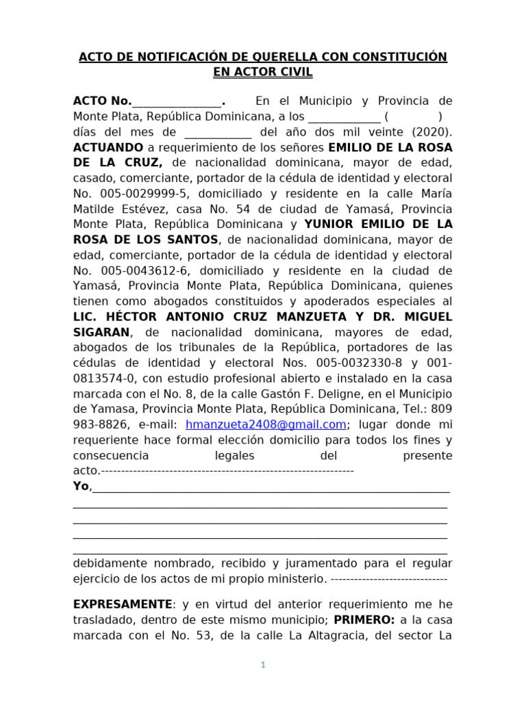 ACTO DE NOTIFICACIÓN DE QUERELLA CON CONSTITUCIÓN EN ACTOR CIVIL-EMILIO ...