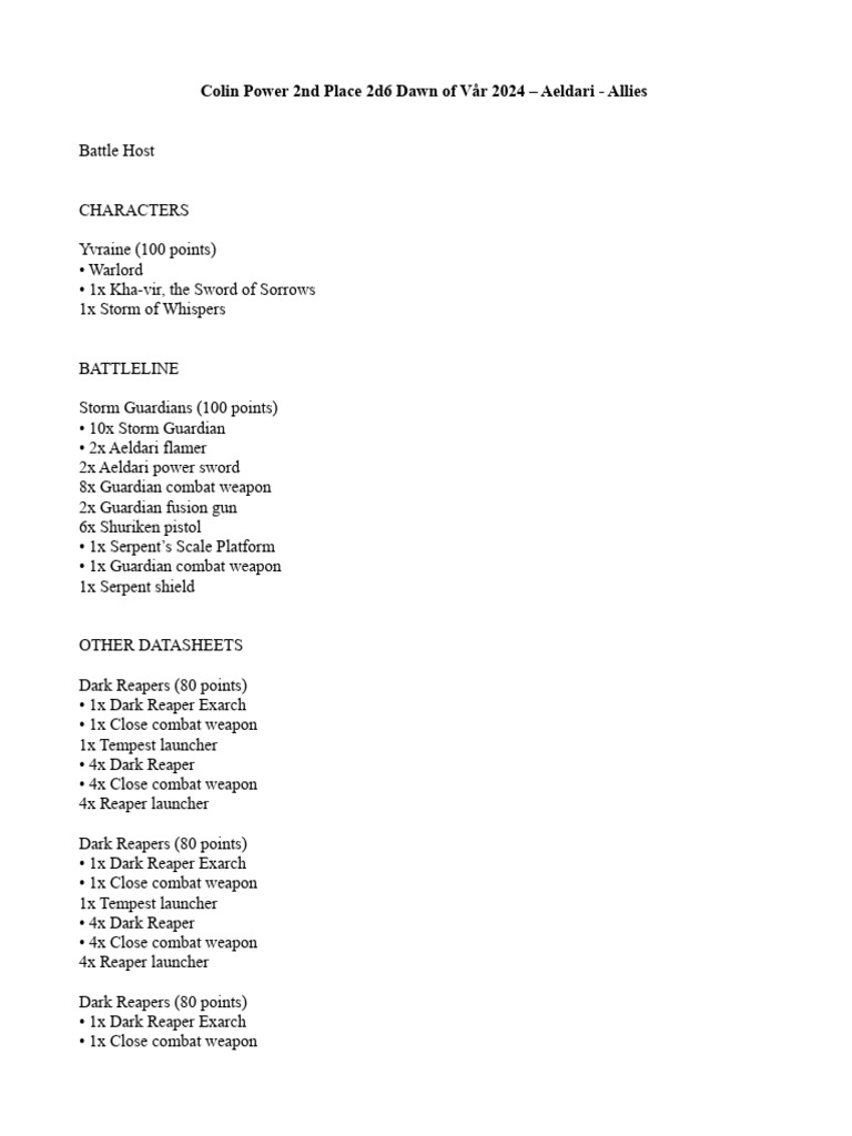 Colin Power 2nd Place 2d6 Dawn of Var 2024 - Aeldari Allies | PDF ...