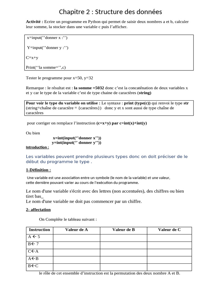 Chapitre structure des données | PDF