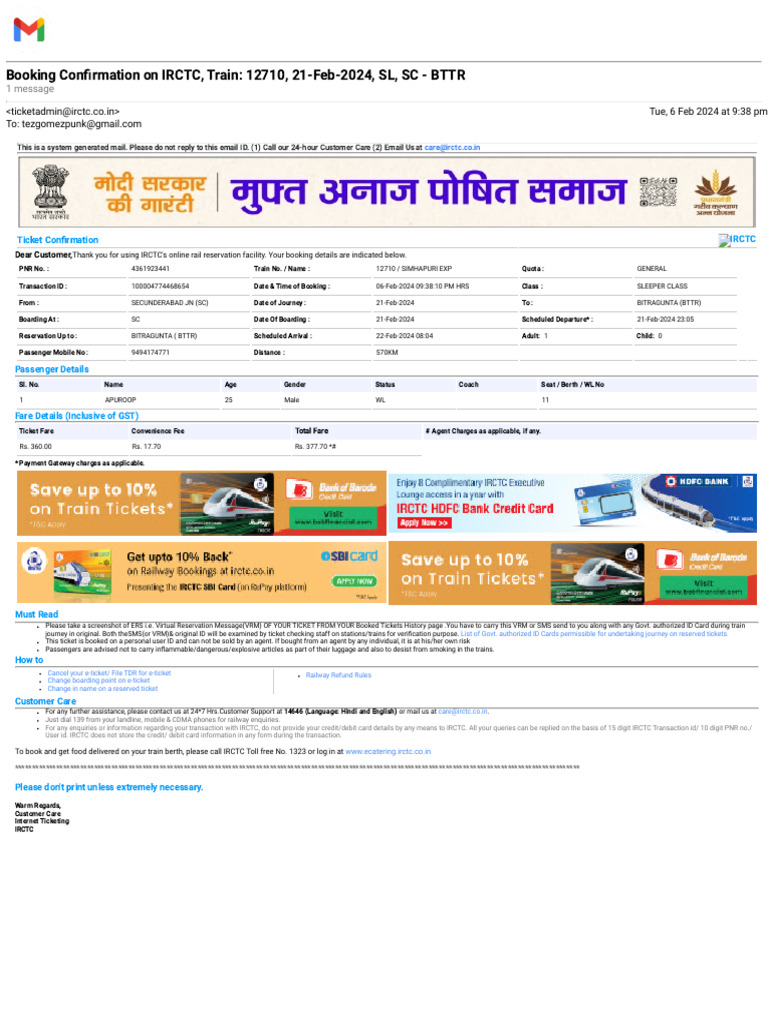 Gmail - Booking Confirmation On IRCTC, Train - 12710, 21-Feb-2024, SL ...