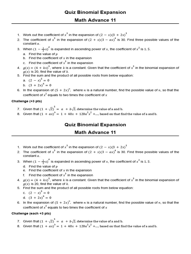Quiz Binomial Expansion 11.Docx | PDF