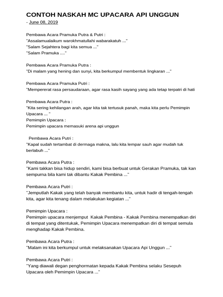 CONTOH NASKAH MC UPACARA API UNGGUN | PDF