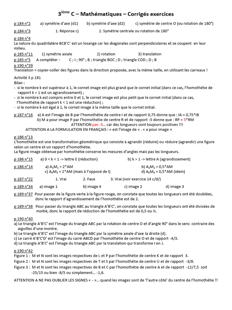 3C Maths Correction Des Exos Sur Homothétie-24042020 | PDF