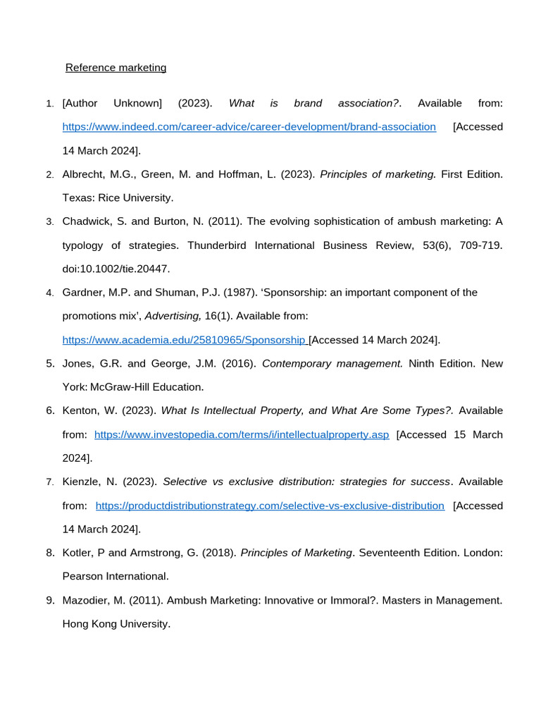 Reference List For Marketing Management | PDF