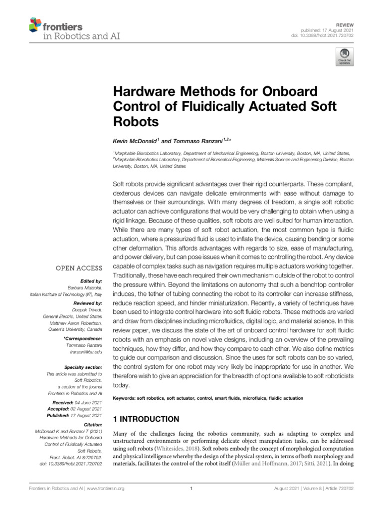 Hardware Methods For Onboard Control of Fluidically Actuated Soft Robots | PDF