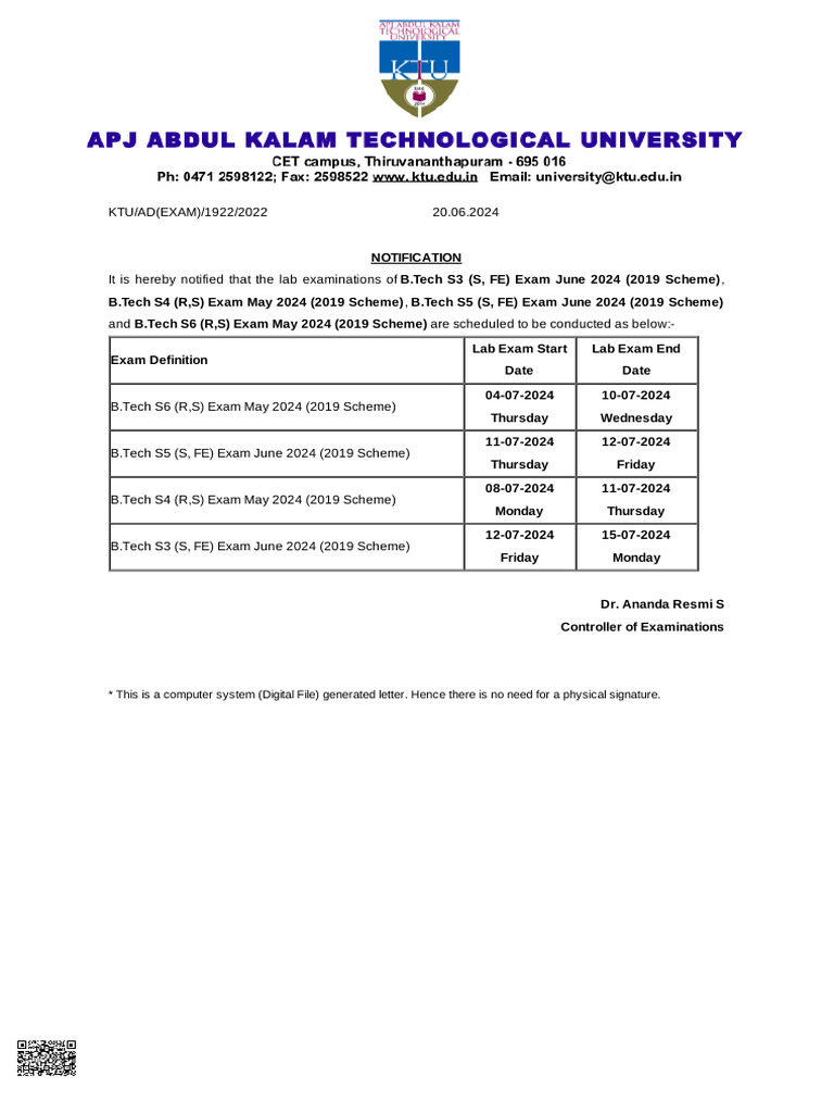 (Notification) KTU AD(EXAM) 1922 2022 NotifcationsLabExams | PDF