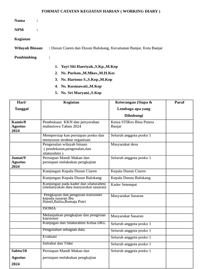 Format Catatan Kegiatan Harian | PDF