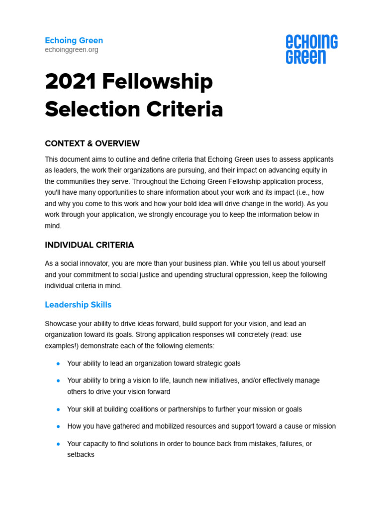 2021 Echoing Green Fellowship Selection Criteria | PDF | Innovation ...