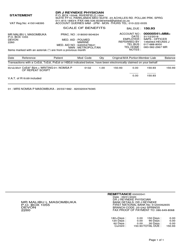 Scale of Benefits: DR J Reyneke Physician Statement | PDF